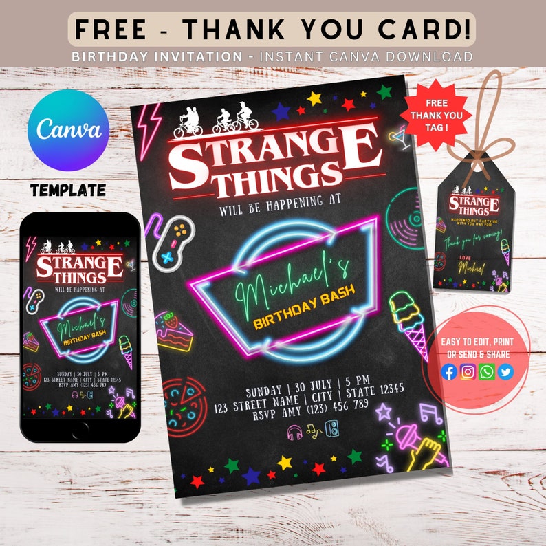 Neon Stranger Things Birthday Invitation Thank You Card BUNDLE Download ...