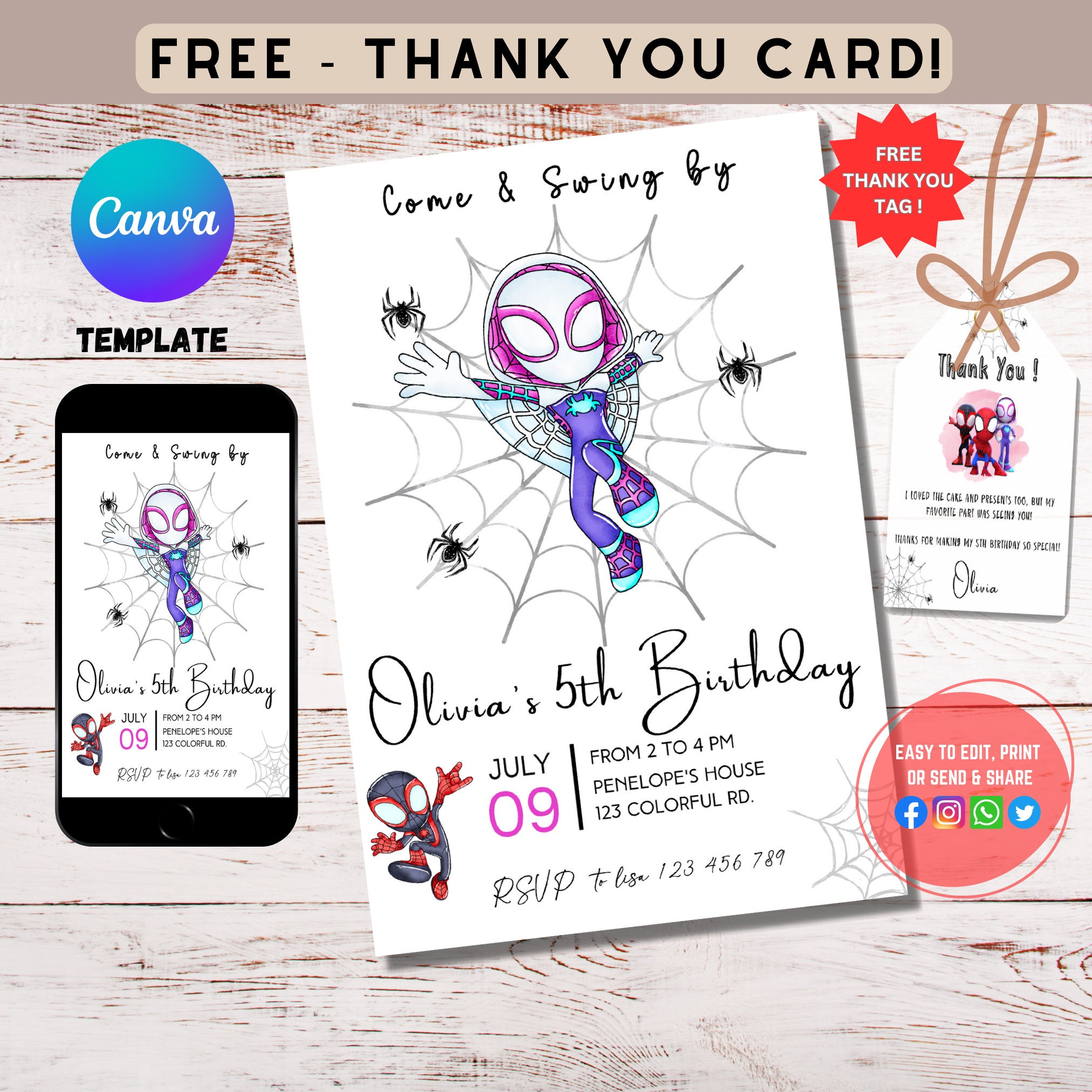 Spidey Ghost Spider Birthday Invitation, Girl Spidey Party Invite ...