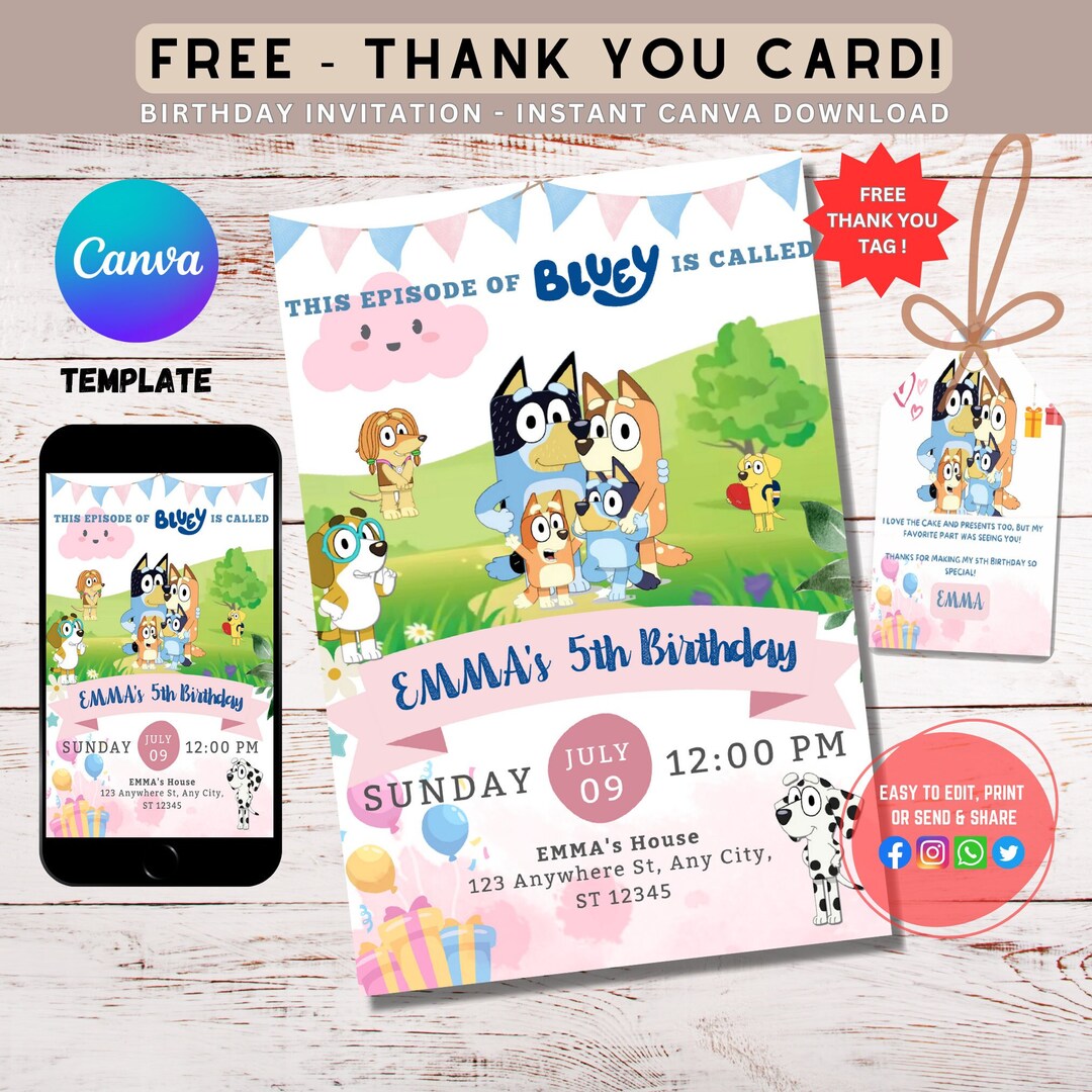 Bluey Birthday Card, Bluey Personalized Birthday Invitation, Bluey ...