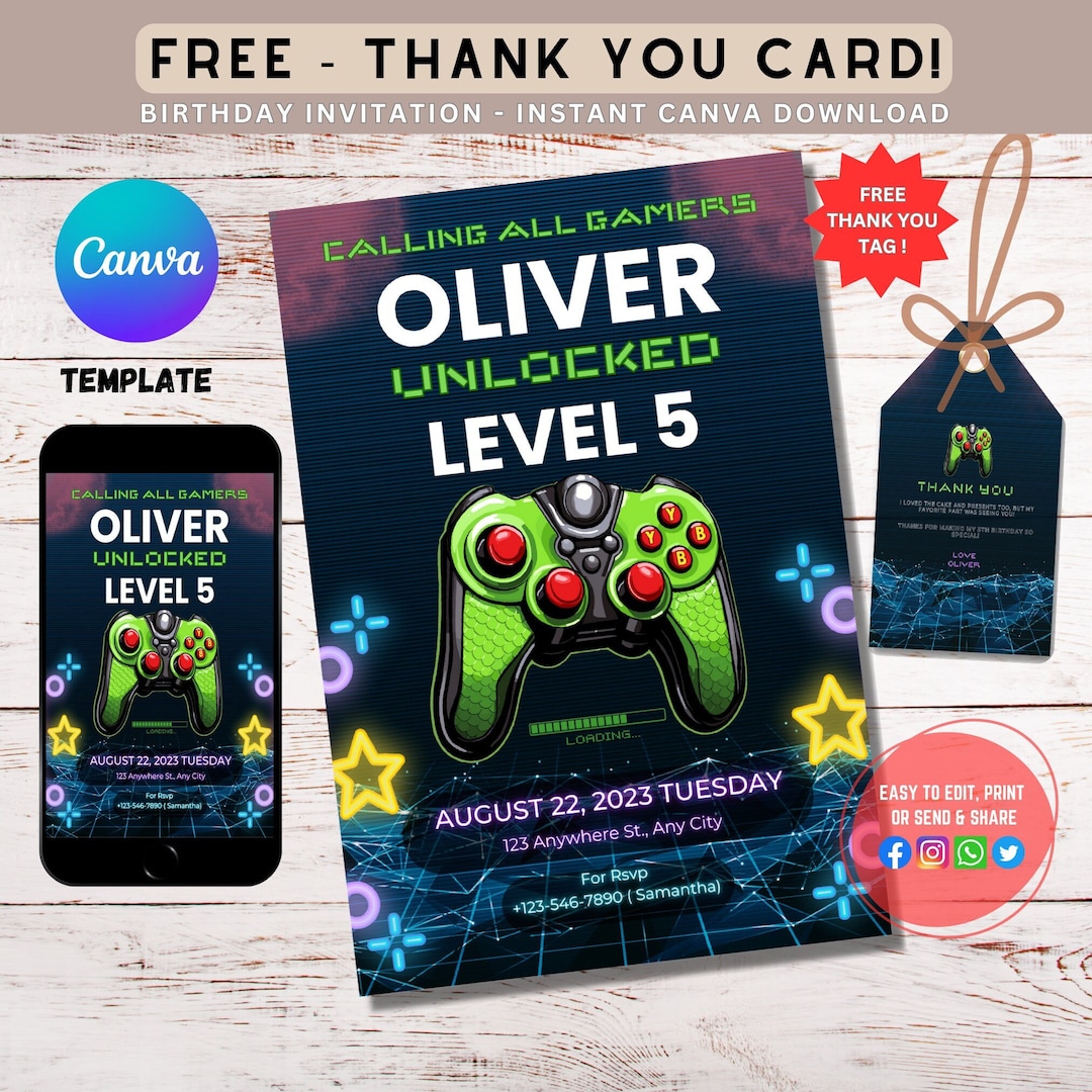Editable Video Game Birthday Party Invitation, Thank You Card BUNDLE ...