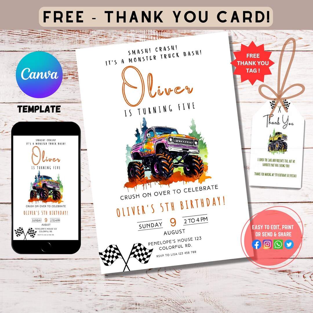 Editable Monster Truck Birthday Invitation Template, Printable ...