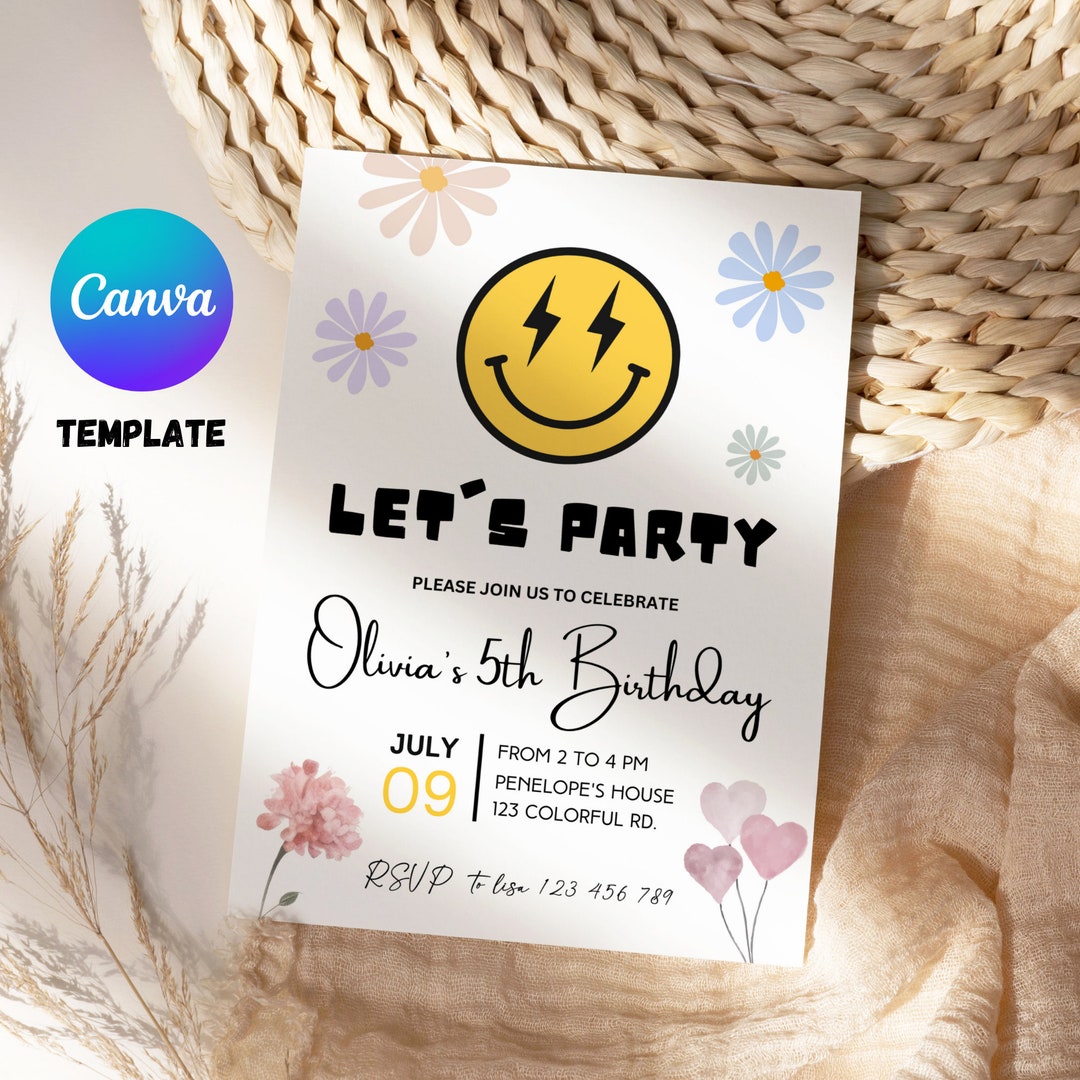 Smiley Retro Birthday Invitation ,smile Face Invite for Girls, Let’s ...