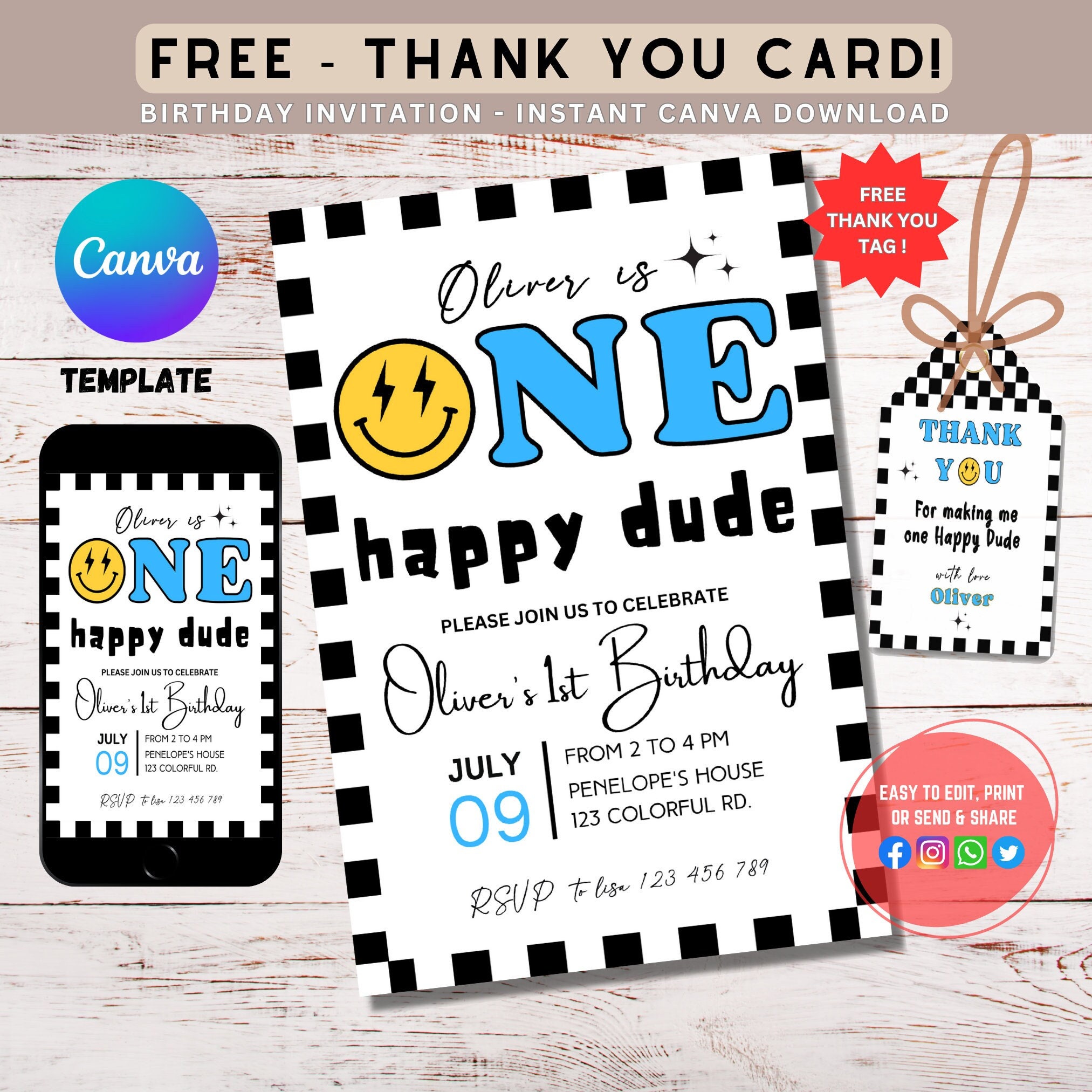 Editable One Happy Dude Birthday Invitation Template Boy 1st - Etsy