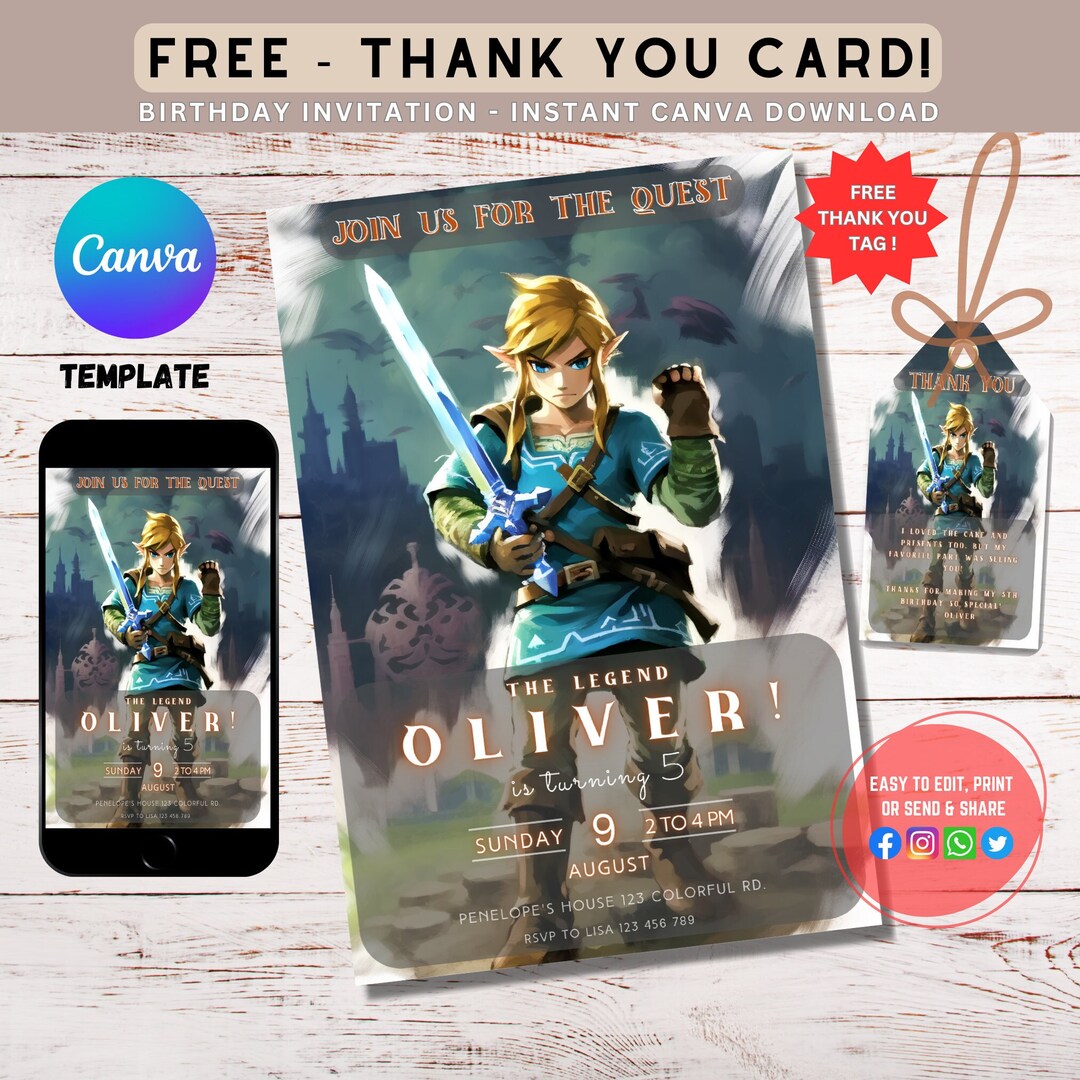 Watercolor Zelda Theme Birthday Invitation, Editable Zelda Tears of the ...