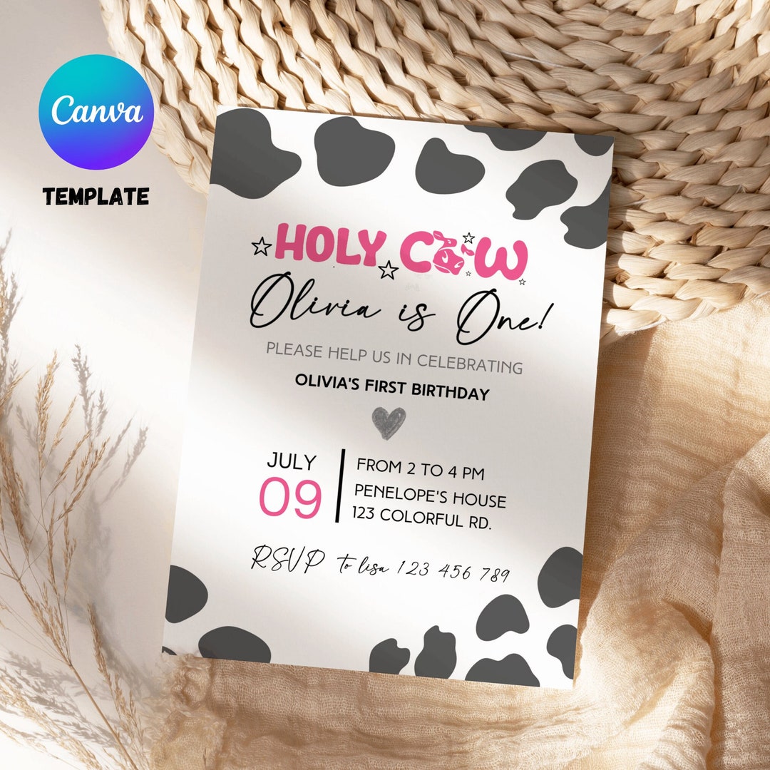 Holy Cow I'm One Girls Birthday Invitation, Cow Print Birthday ...