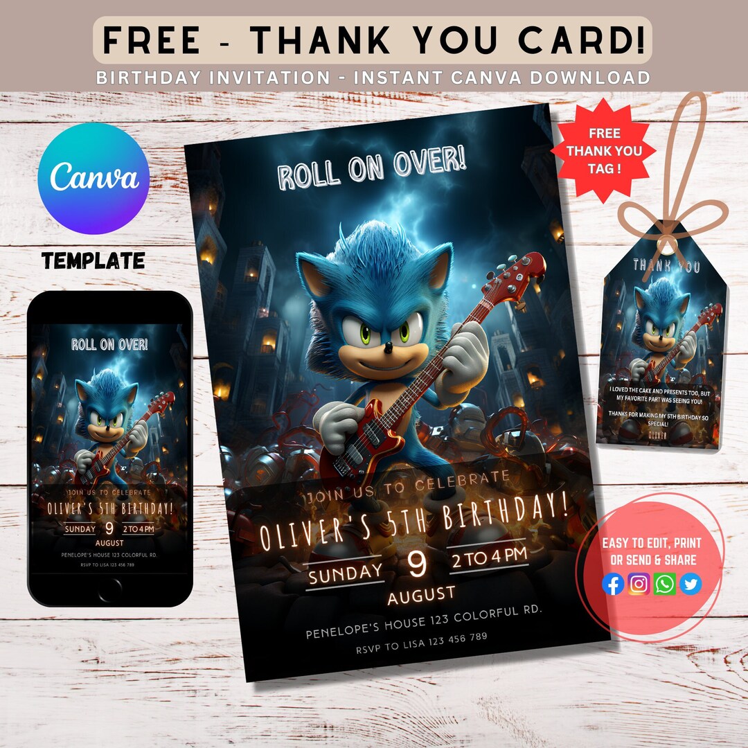 Party Style Super Sonic the Hedgehog Birthday Invitation | Canva Sonic ...