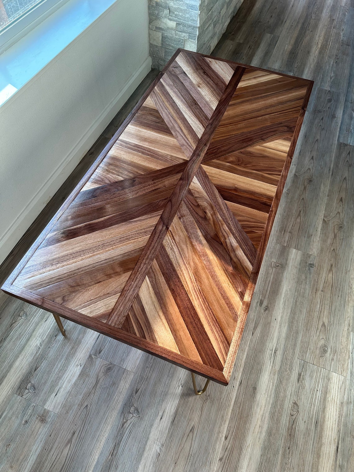 Walnut Chevron Coffee Table Dark Brown Gold Sealed Living Room Hairpin ...