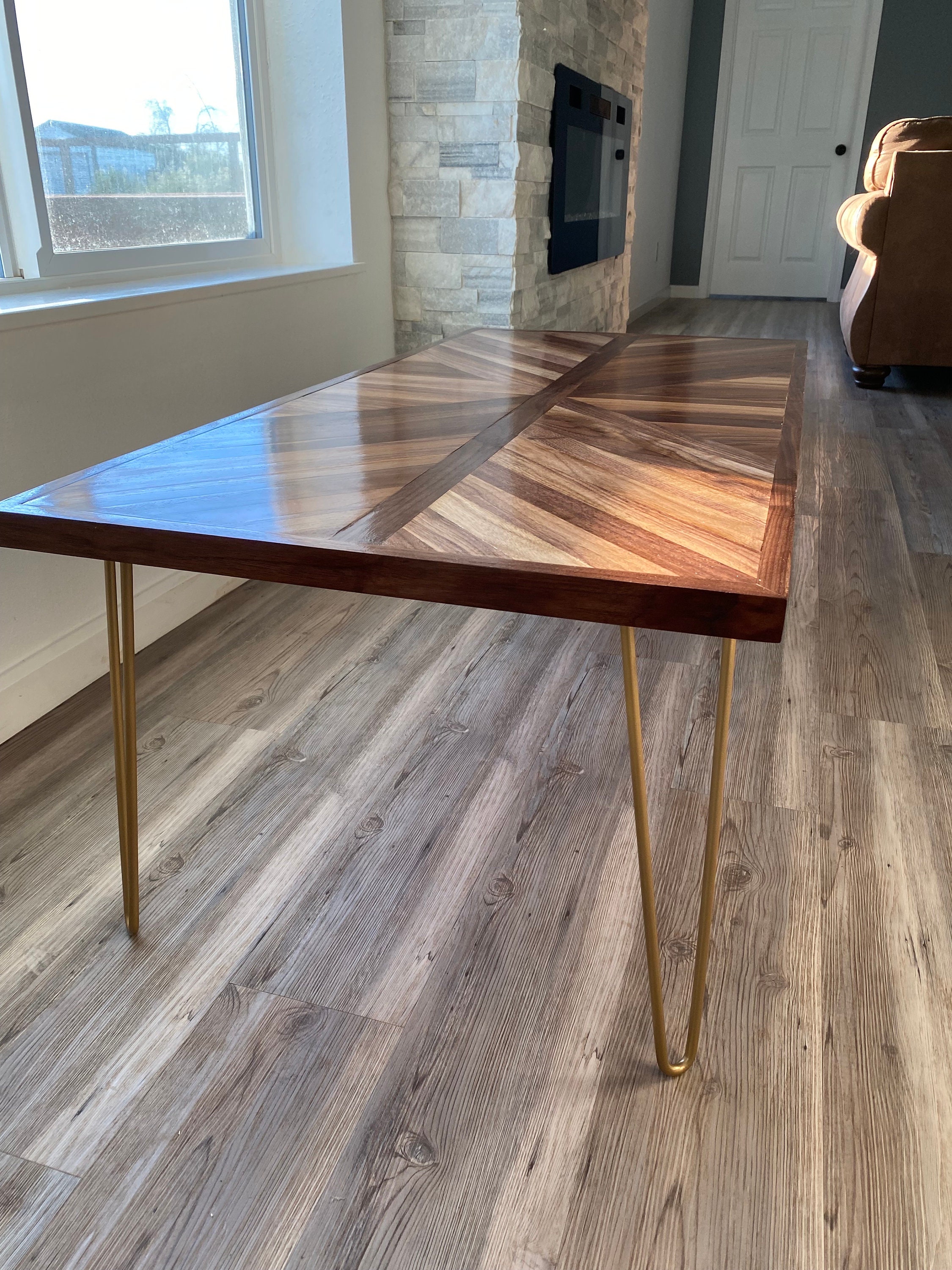 Walnut Chevron Coffee Table Dark Brown Gold Sealed Living Room Hairpin ...
