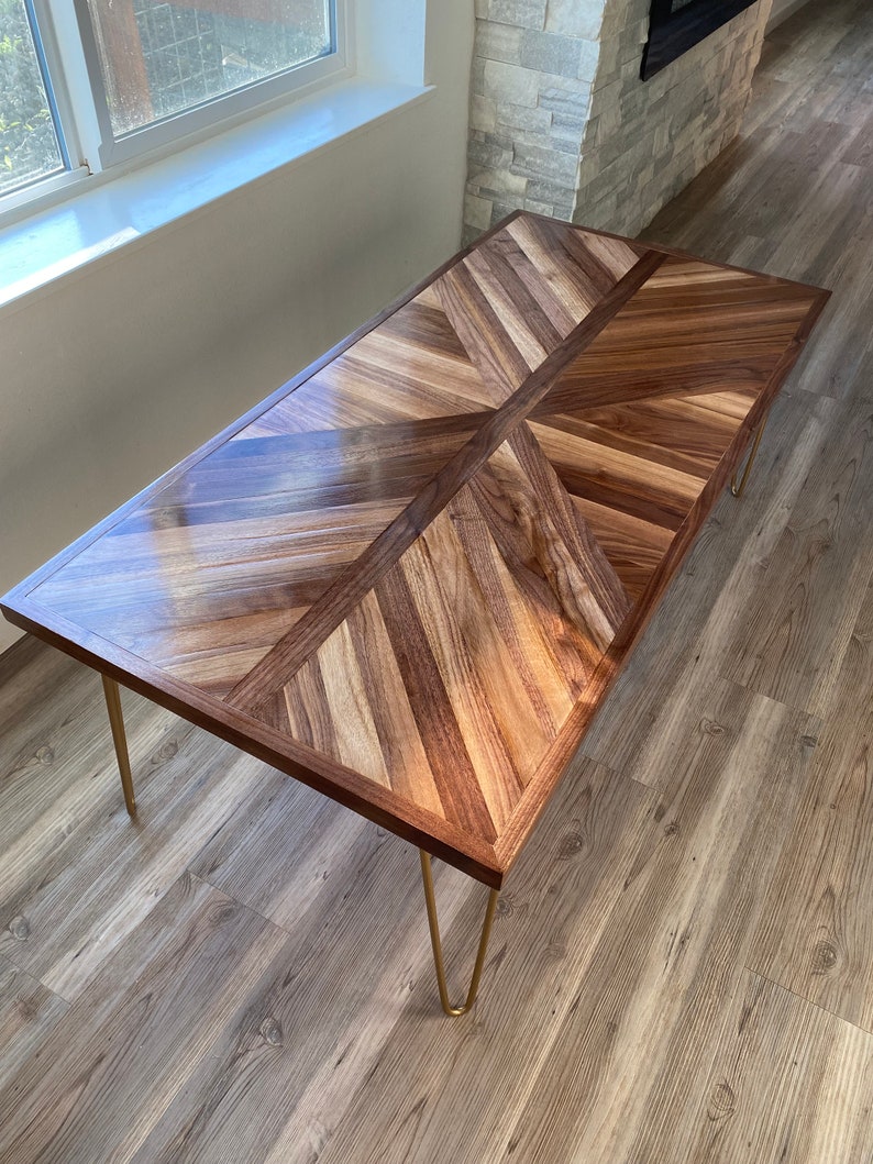 Walnut Chevron Coffee Table Dark Brown Gold Sealed Living Room Hairpin ...