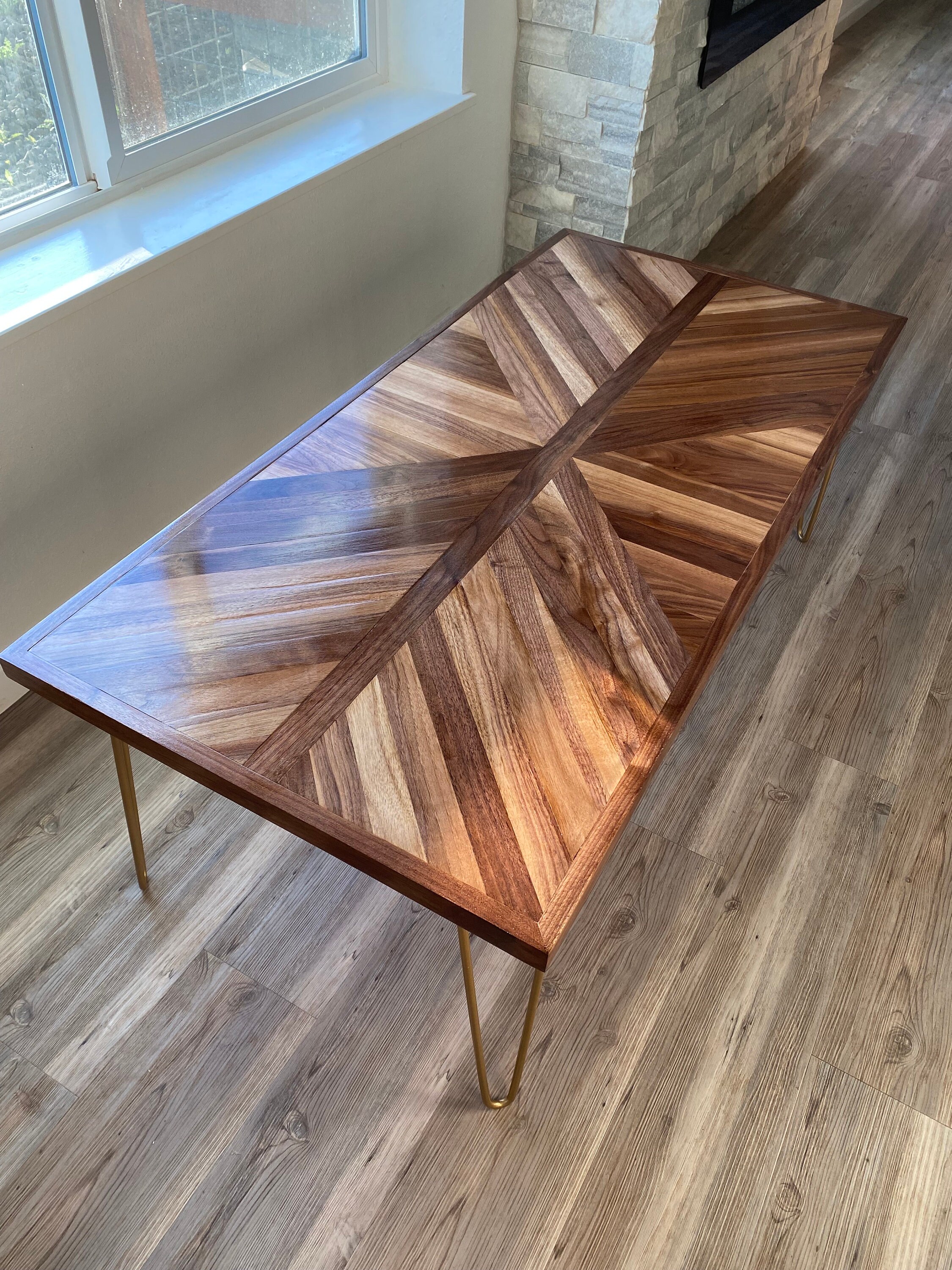 Walnut Chevron Coffee Table Dark Brown Gold Sealed Living Room Hairpin ...