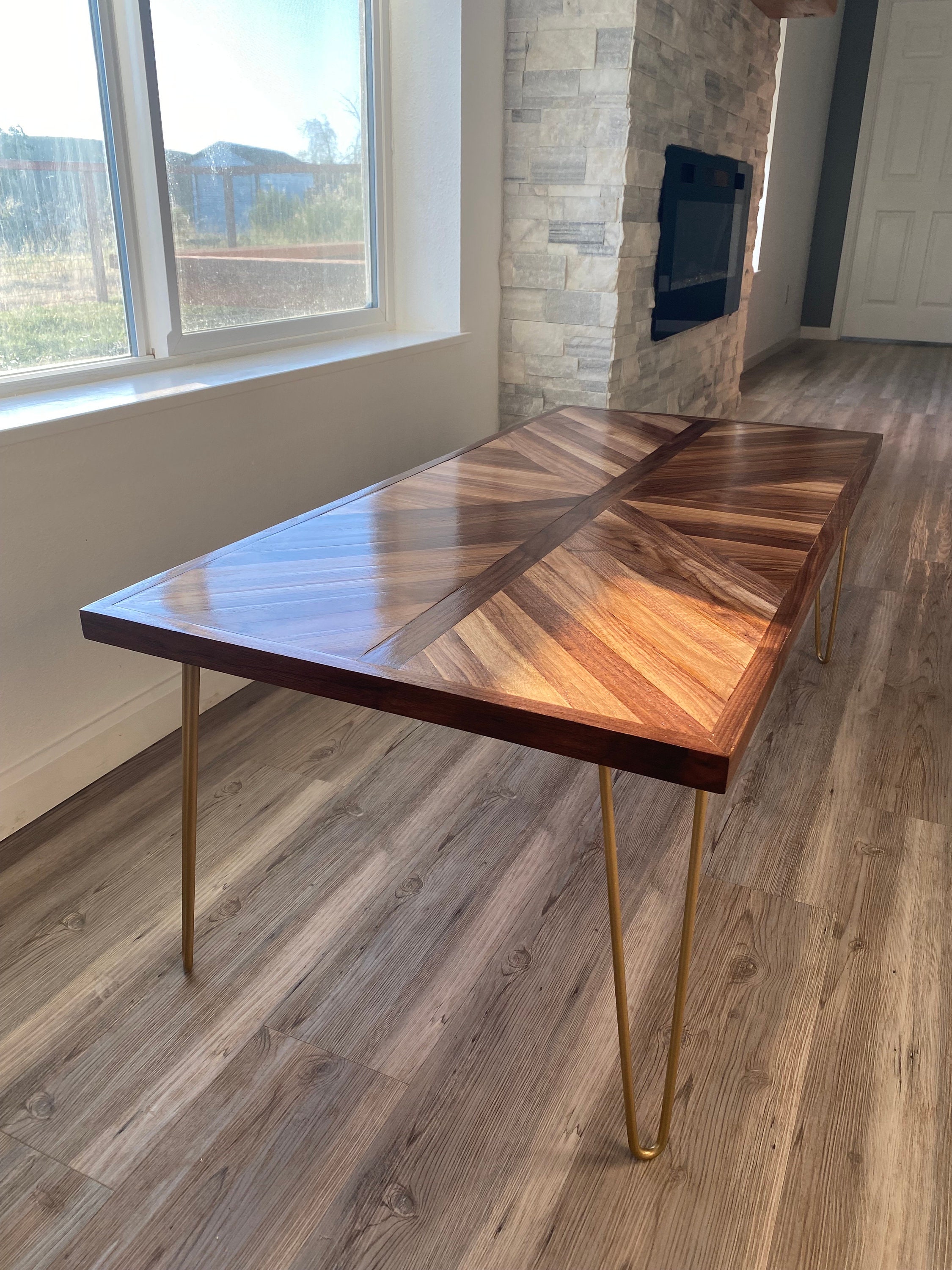 Walnut Chevron Coffee Table Dark Brown Gold Sealed Living Room Hairpin ...