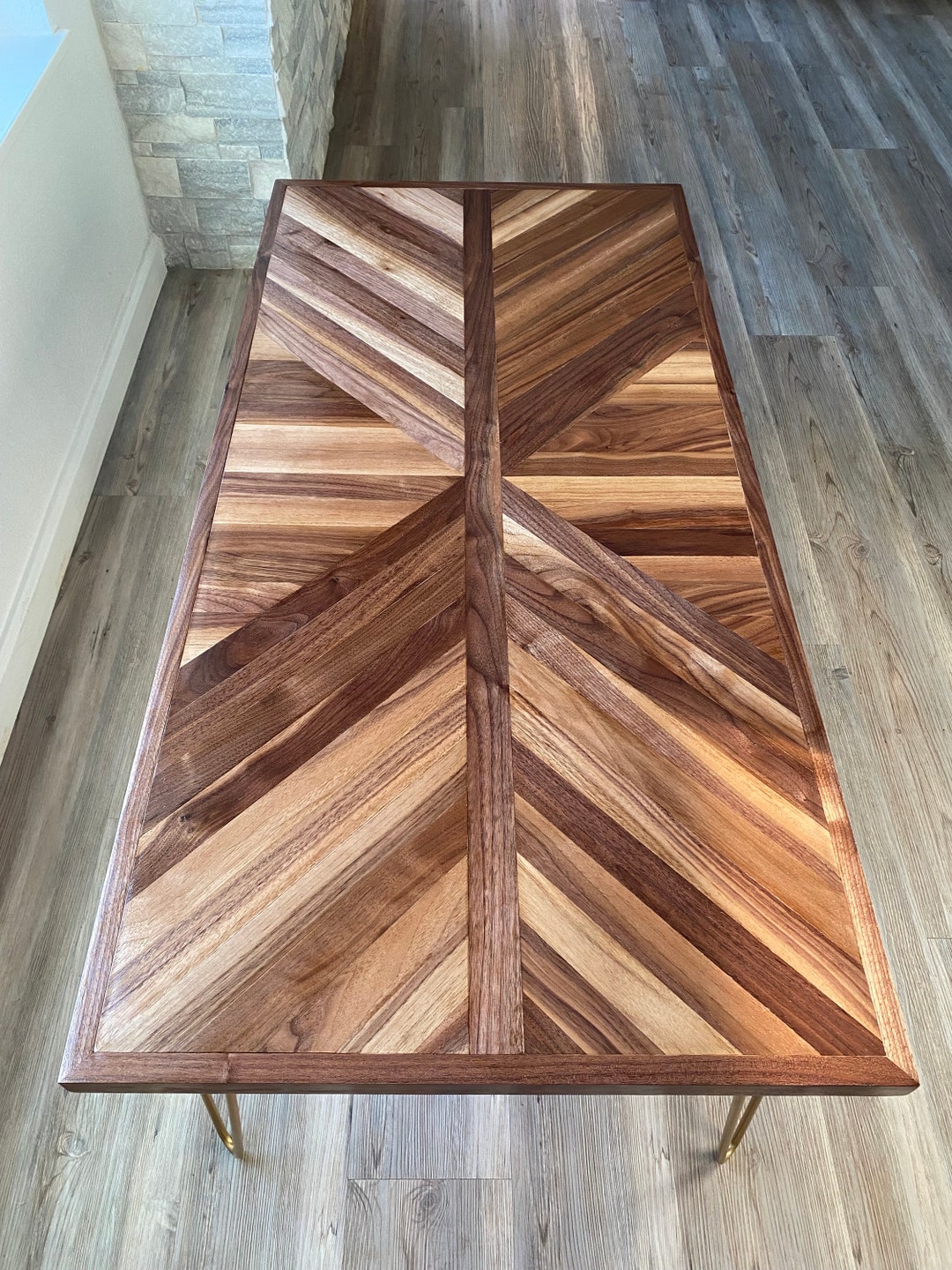 Walnut Chevron Coffee Table Dark Brown Gold Sealed Living Room Hairpin ...