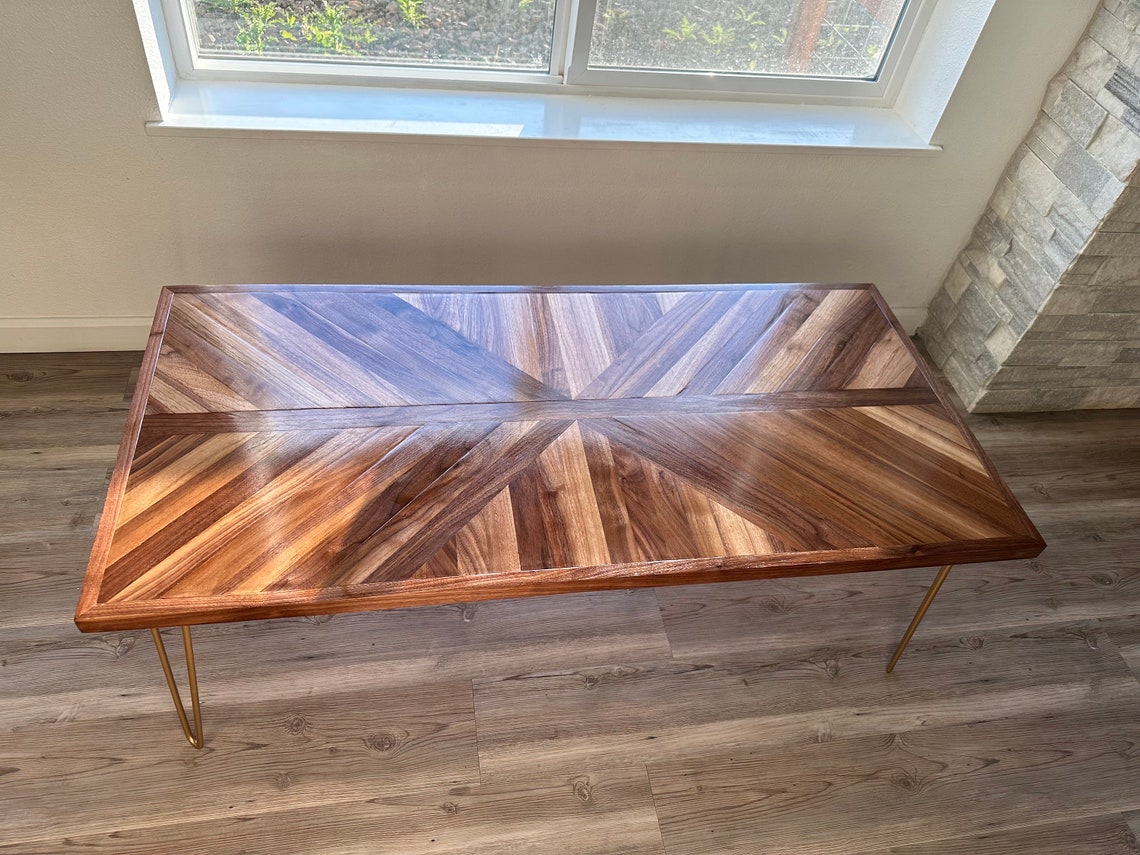 Walnut Chevron Coffee Table Dark Brown Gold Sealed Living Room Hairpin ...