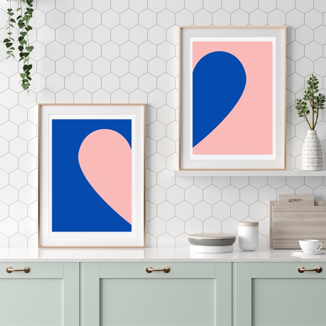 Blue Heart Wall Art, Blue and Pink Heart Art Print, Aesthetic Love Wall ...
