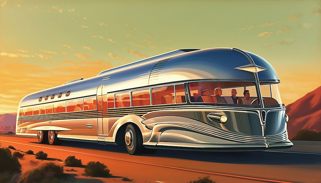 Day Bus Chrome One - A Retro-futuristic Metallic Bus Illustration ...