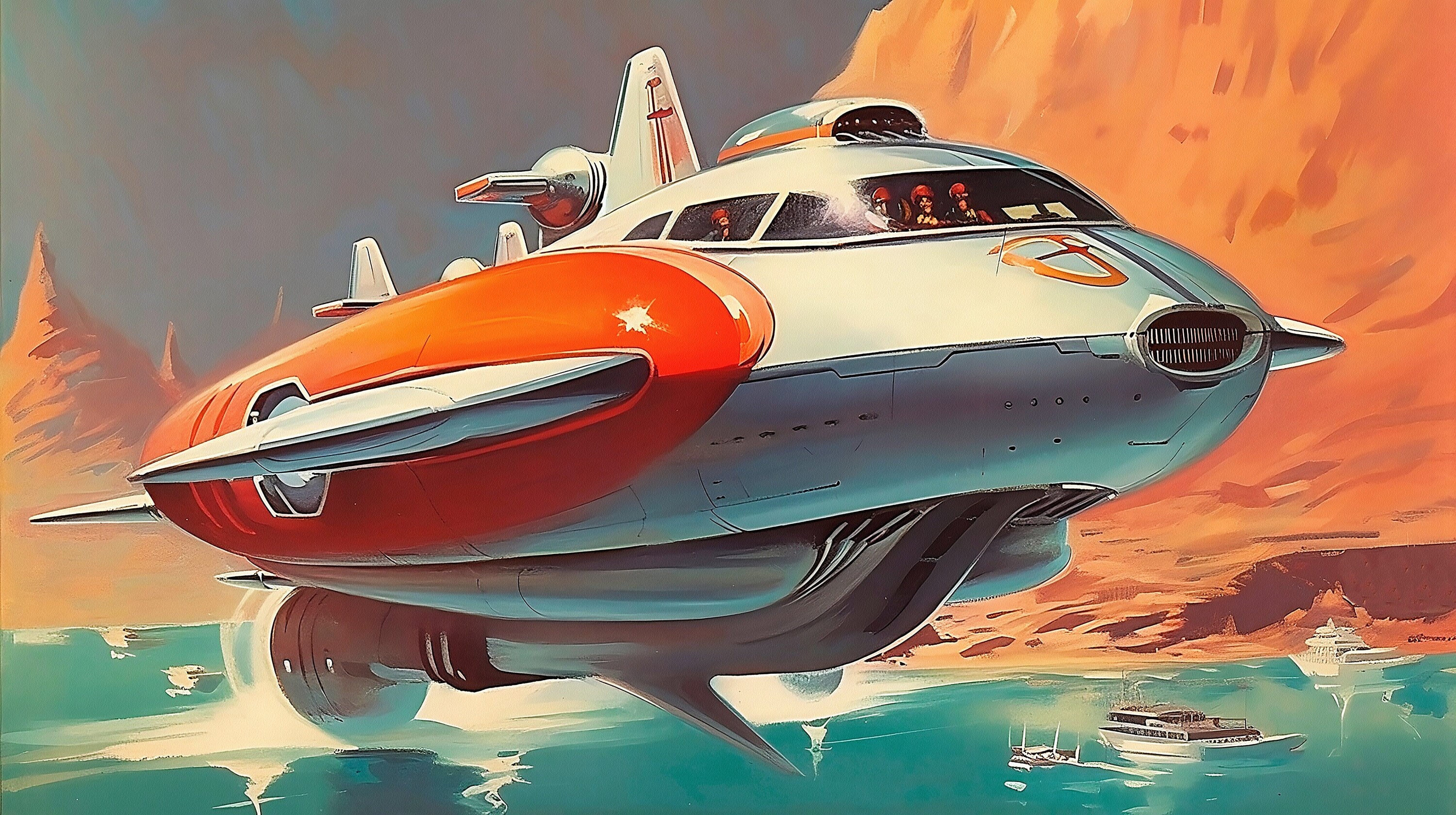 Retro-futuristic Hovering Jet Boat Art. Mid-century Modern, Digital ...