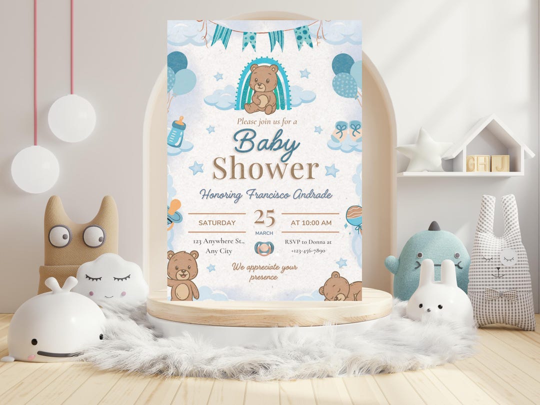 Baby Shower Invitation Editable Canva Template | Teddy Bear Baby Shower ...