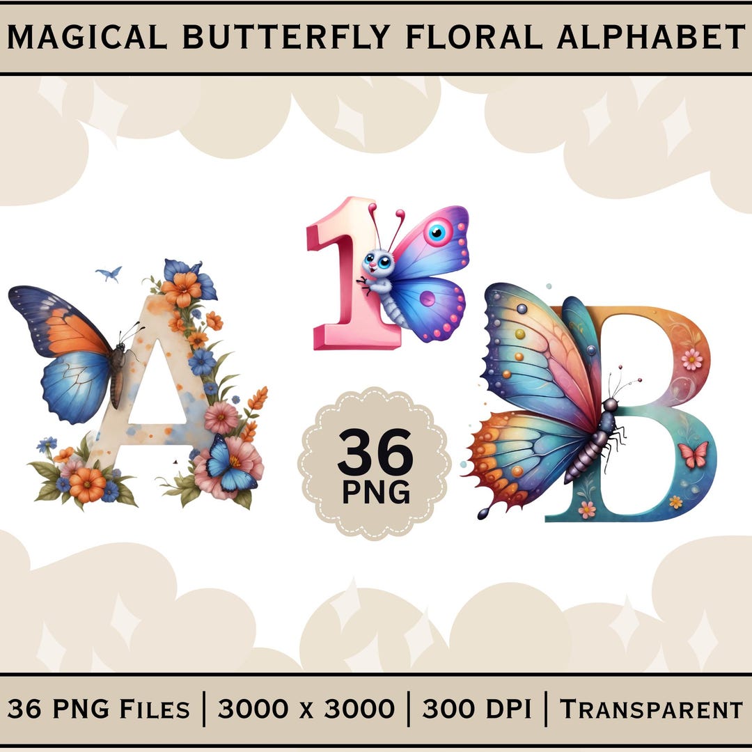 Magical Butterfly Floral Alphabet Numbers A-Z 0-9 | Whimsical Flower ...