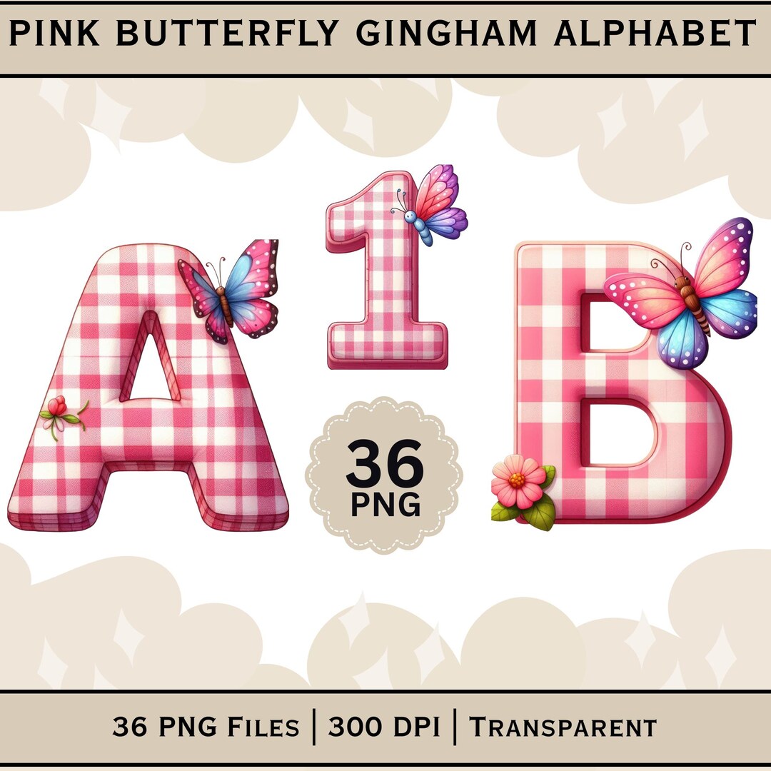 Pink Butterfly Gingham Alphabet Numbers A-Z 0-9 | Spring Letters PNG ...