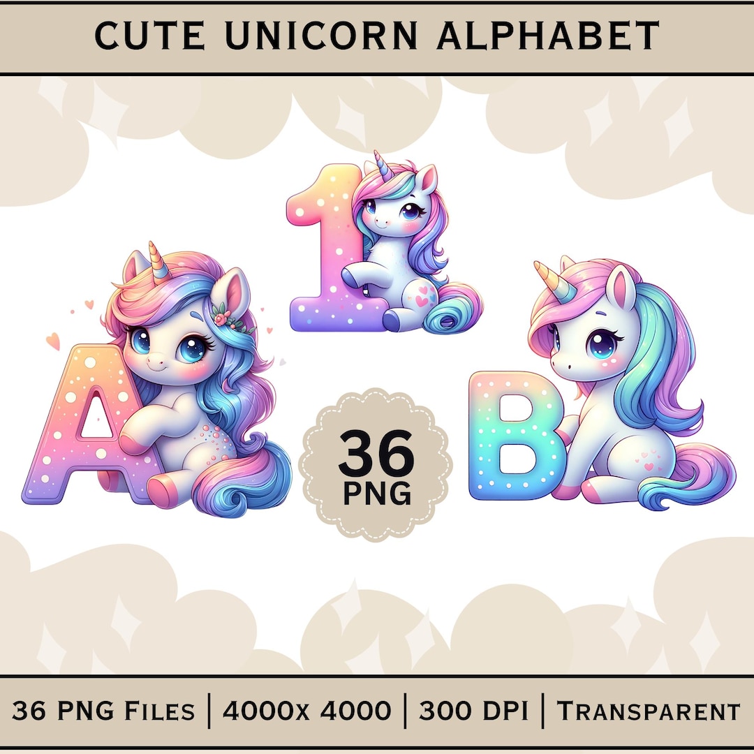 Unicorn Alphabet and Numbers PNG A–Z & 0–9 | Magical Unicorn Letters ...