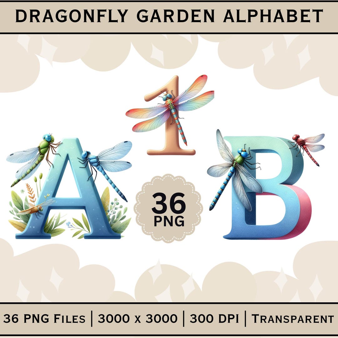 Dragonfly Garden Alphabet Numbers A-Z 0-9 | Nature Inspired Letters PNG ...