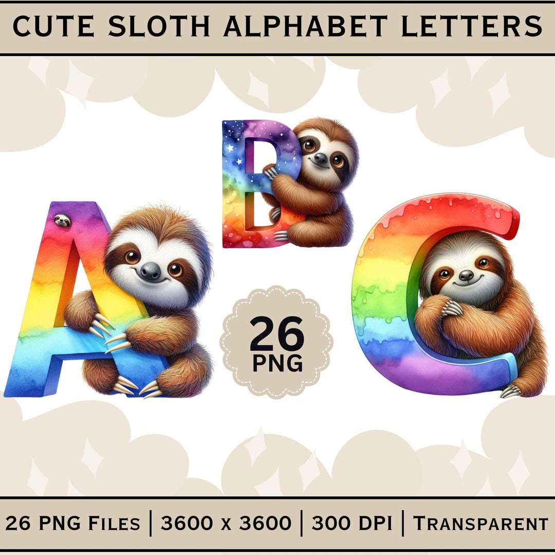 Sloth Alphabet PNG A–Z | Kids Learning Letters | Nursery Decor | Cricut ...