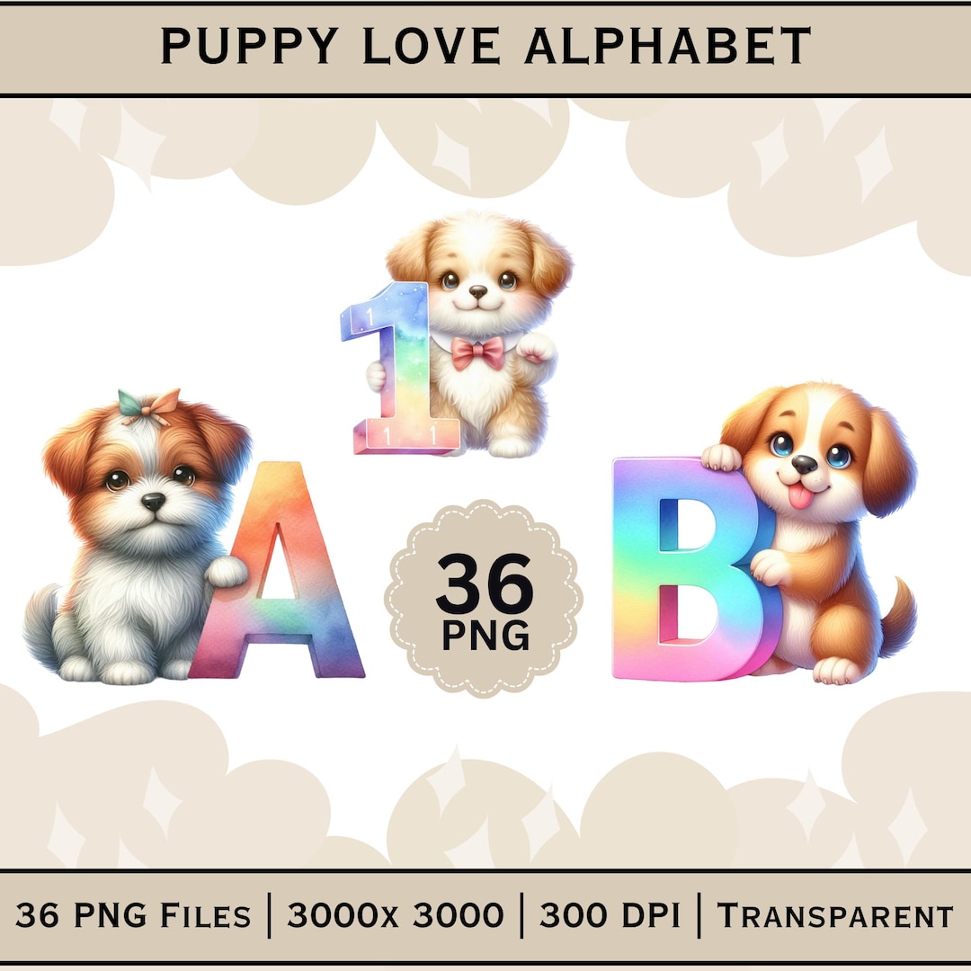 Puppy Alphabet and Numbers PNG – Kids Learning, Nursery Decor (digital ...
