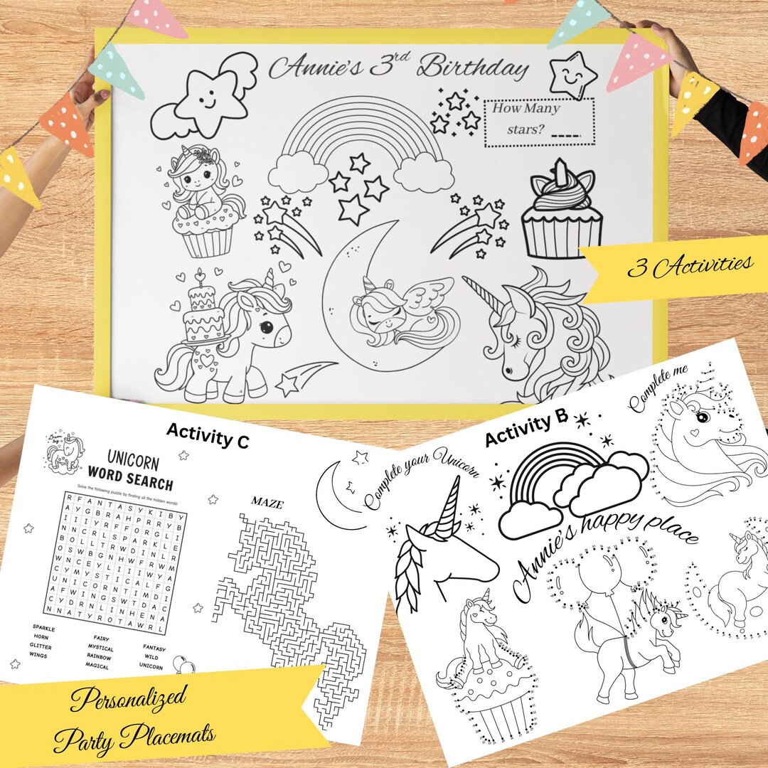 Unicorn Birthday Activity Sheets | 3 Printable Party Placemats for Kids ...
