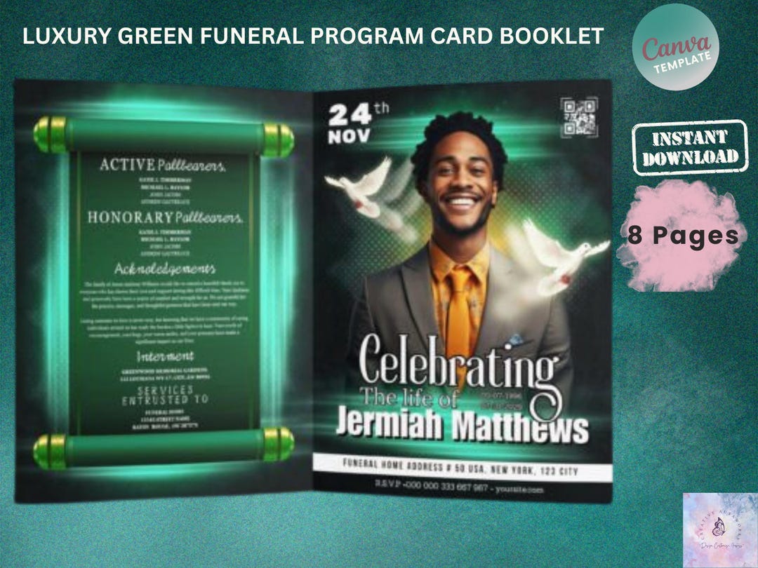 Green Funeral Program Template: 8-page Memorial Booklet (canva Editable ...