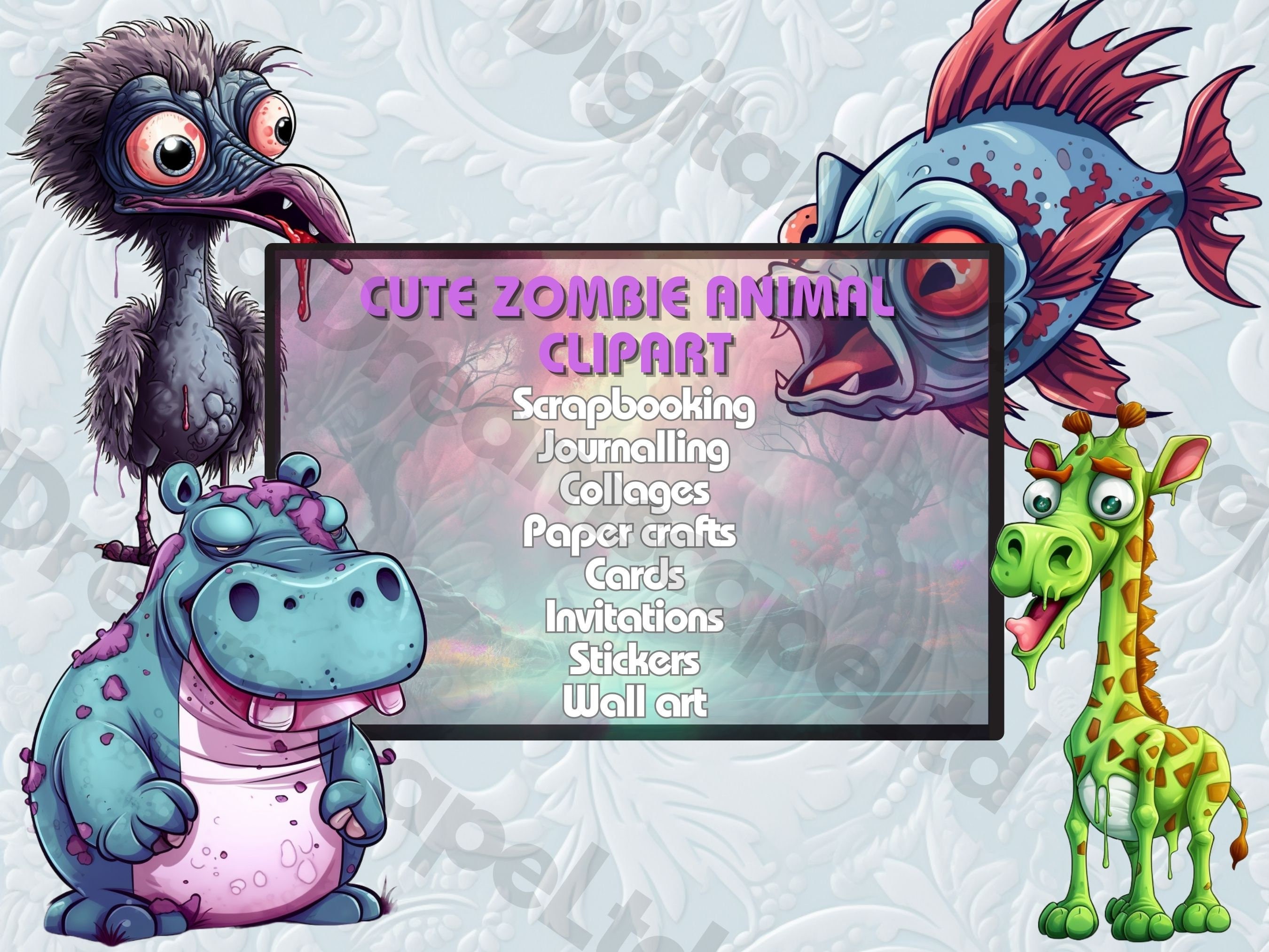 20 Designs, Cute Zombie Animal Clipart, Cartoon, Personal/commercial ...