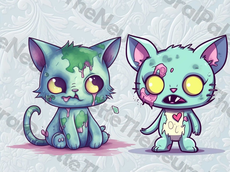 11, Kawaii Zombie Cat Clipart, Digital Download, Cute Undead Feline Illustrations, Spooky ...