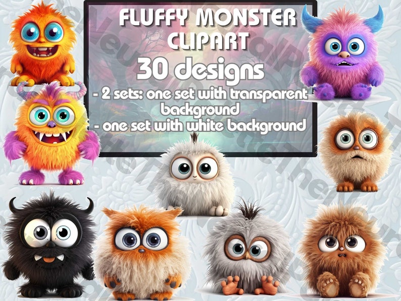 30, Fluffy Monster Clipart, Transparent PNG Bundle, Cartoon Monsters ...