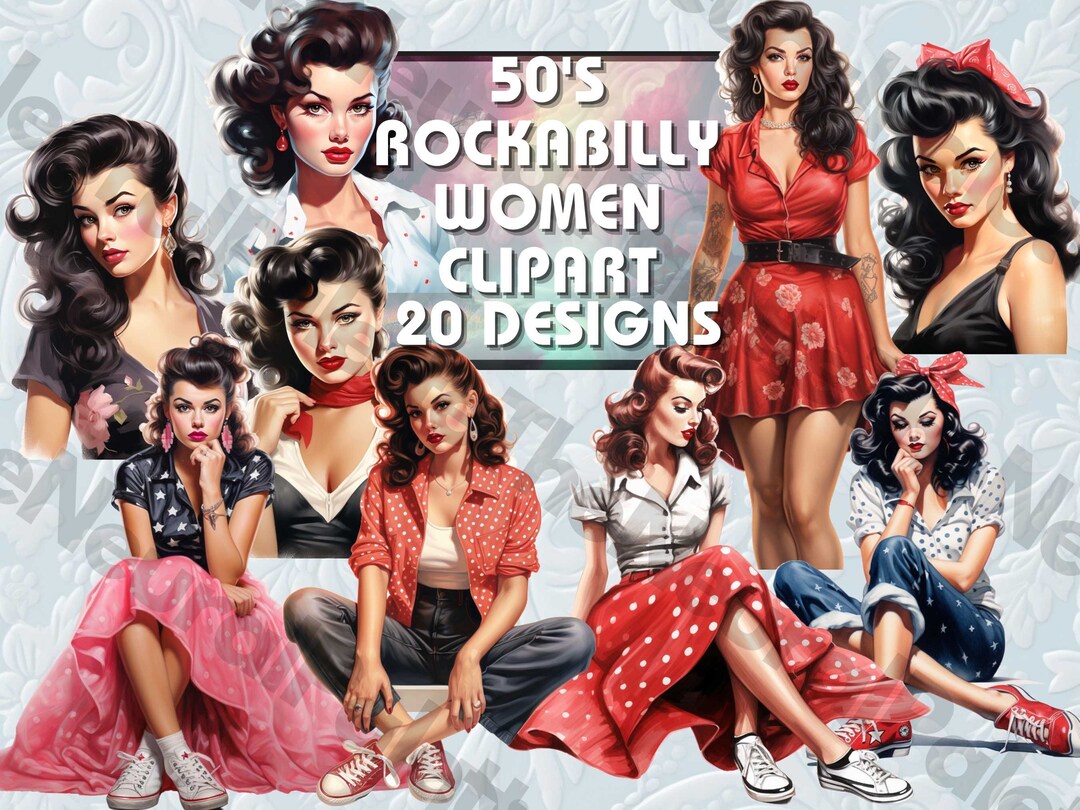 20, Rockabilly Women Clipart, 1950's Clipart, Retro PNG Bundle ...