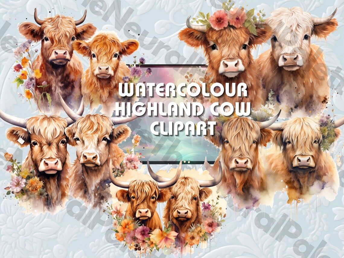 30 Watercolor Highland Cow Clipart Commercial Use - Etsy