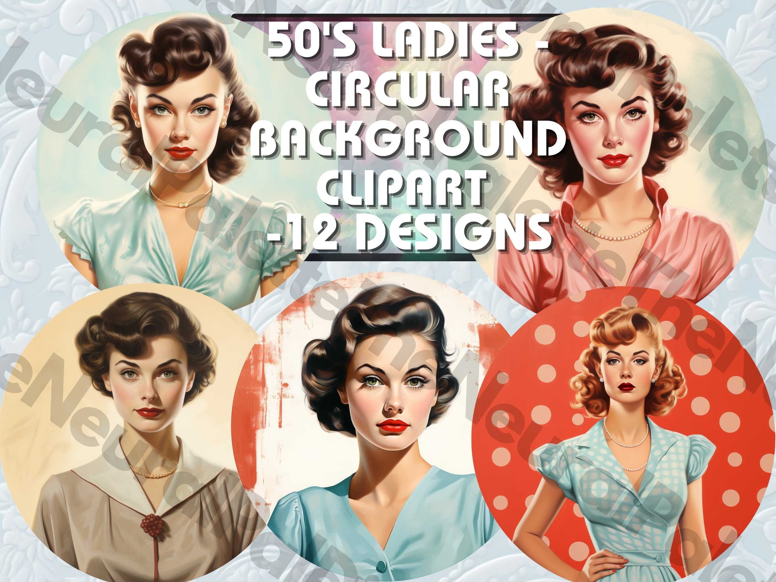12, 50's Women Clipart, Retro Images, Transparent Background PNG Bundle ...