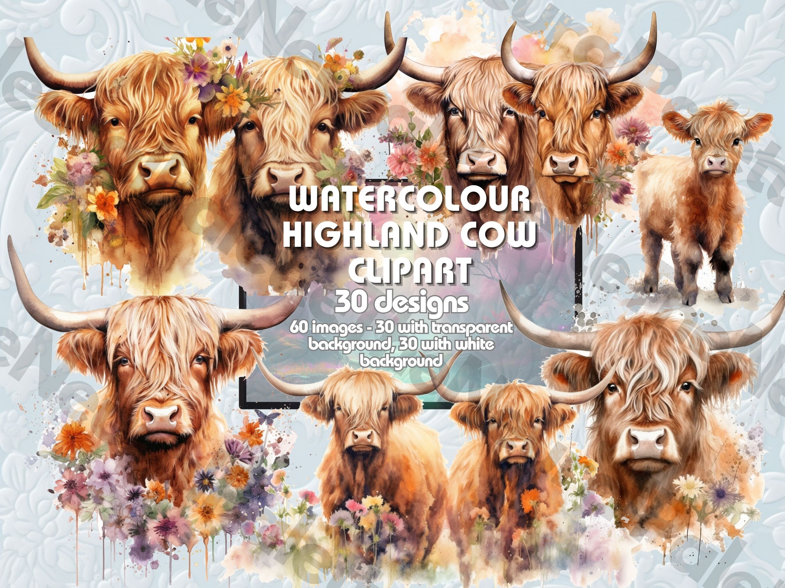 30 Watercolor Highland Cow Clipart Commercial Use - Etsy
