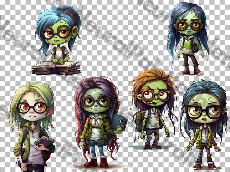12, Cartoon Geek Zombie Girl Clipart, Instant Download, Transparent ...