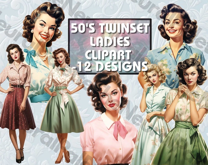 12, 50s Twinset Ladies Clipart, Retro Fashion, Commercial Use ...