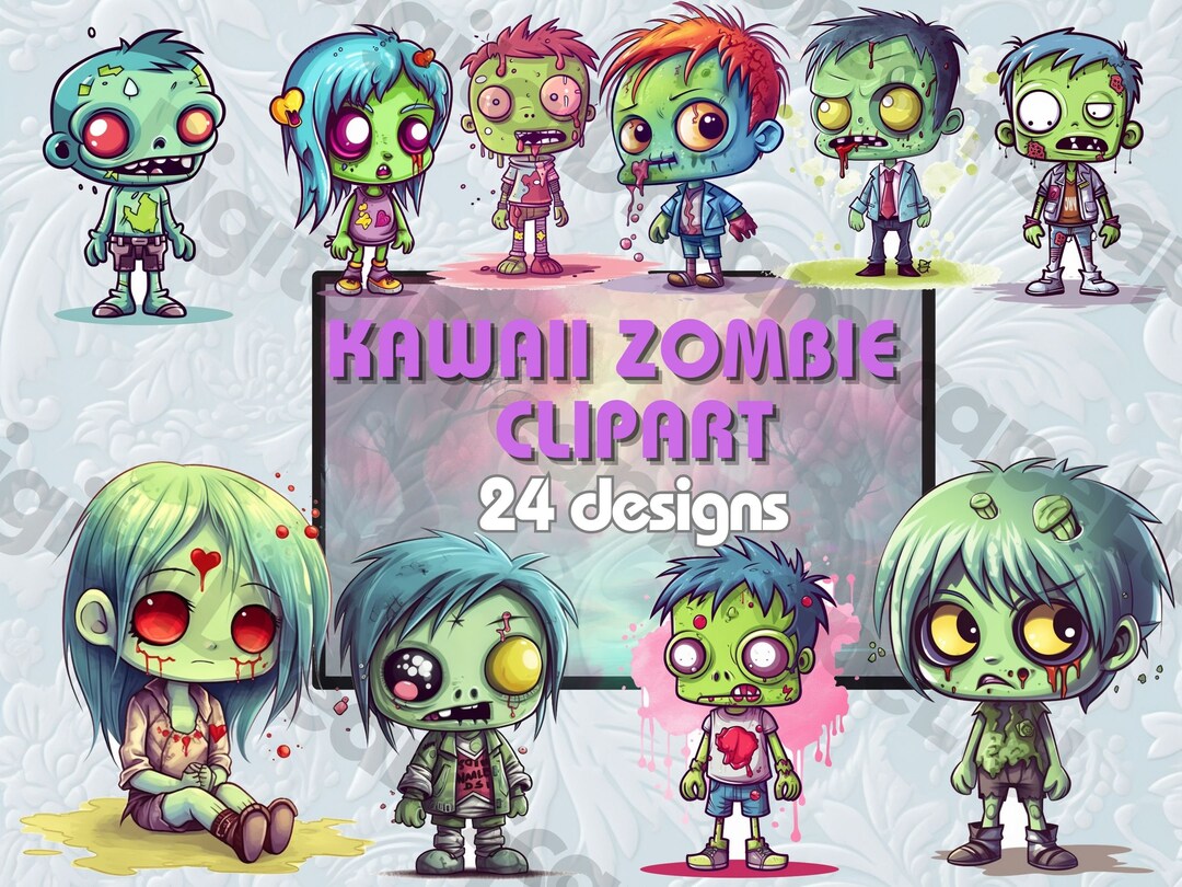 24 Designs, Cute Kawaii Zombie Clipart, Cartoon, Personal/commercial ...