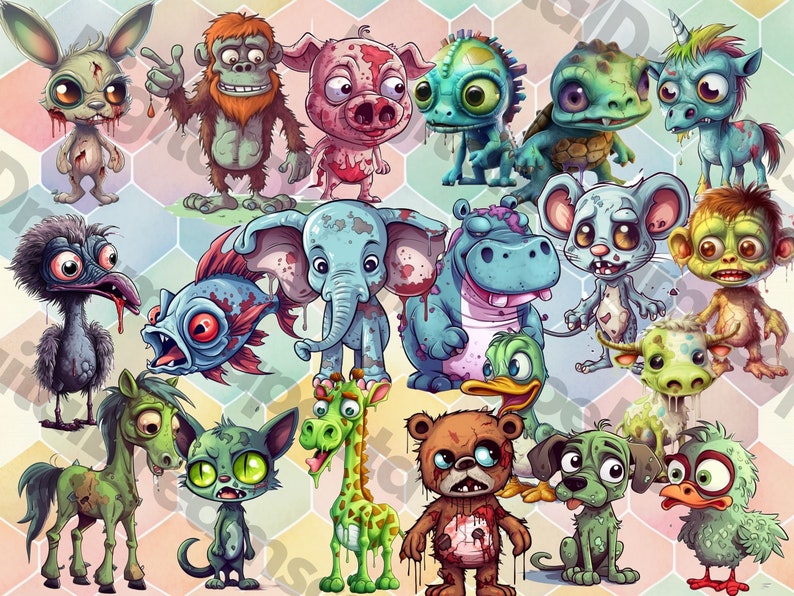20 Designs, Cute Zombie Animal Clipart, Cartoon, Personal/commercial ...