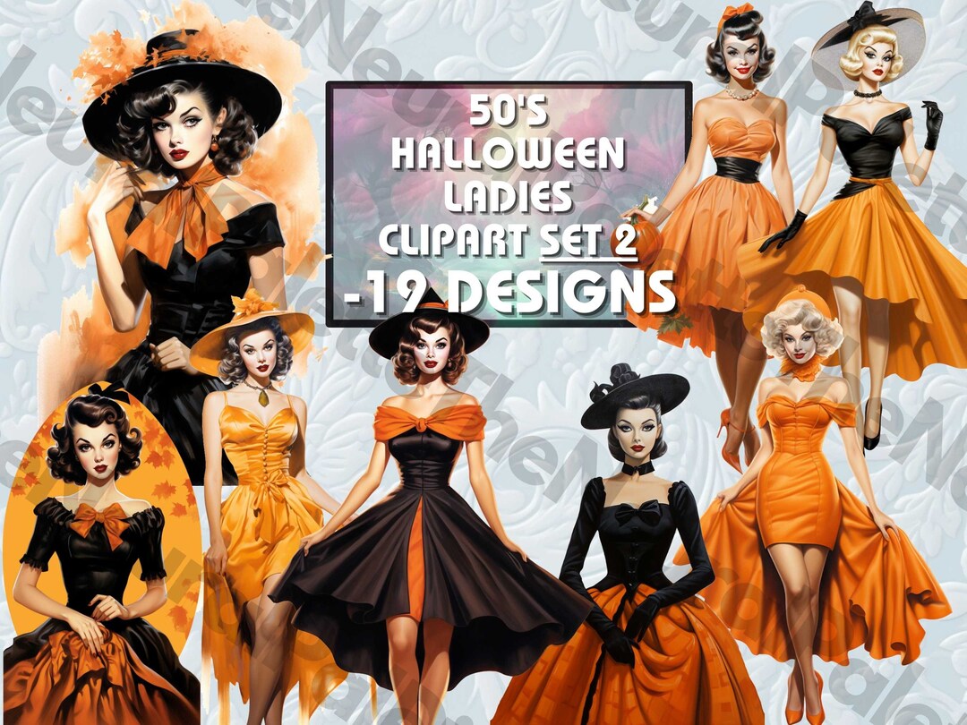 19, 50's Halloween Ladies Clipart, Transparent Background PNG Bundle ...