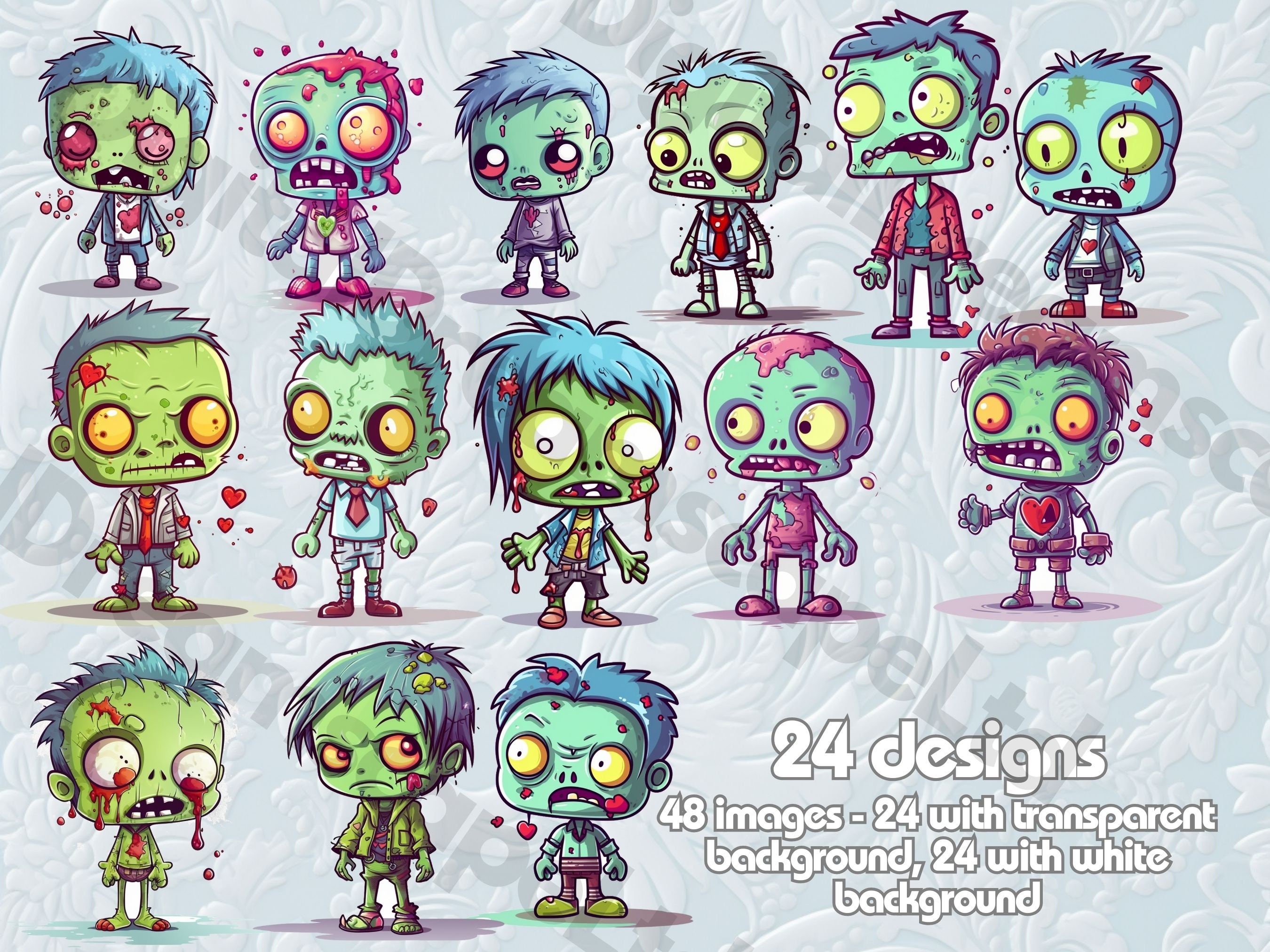 24 Designs, Cute Kawaii Zombie Clipart, Cartoon, Personal/commercial ...
