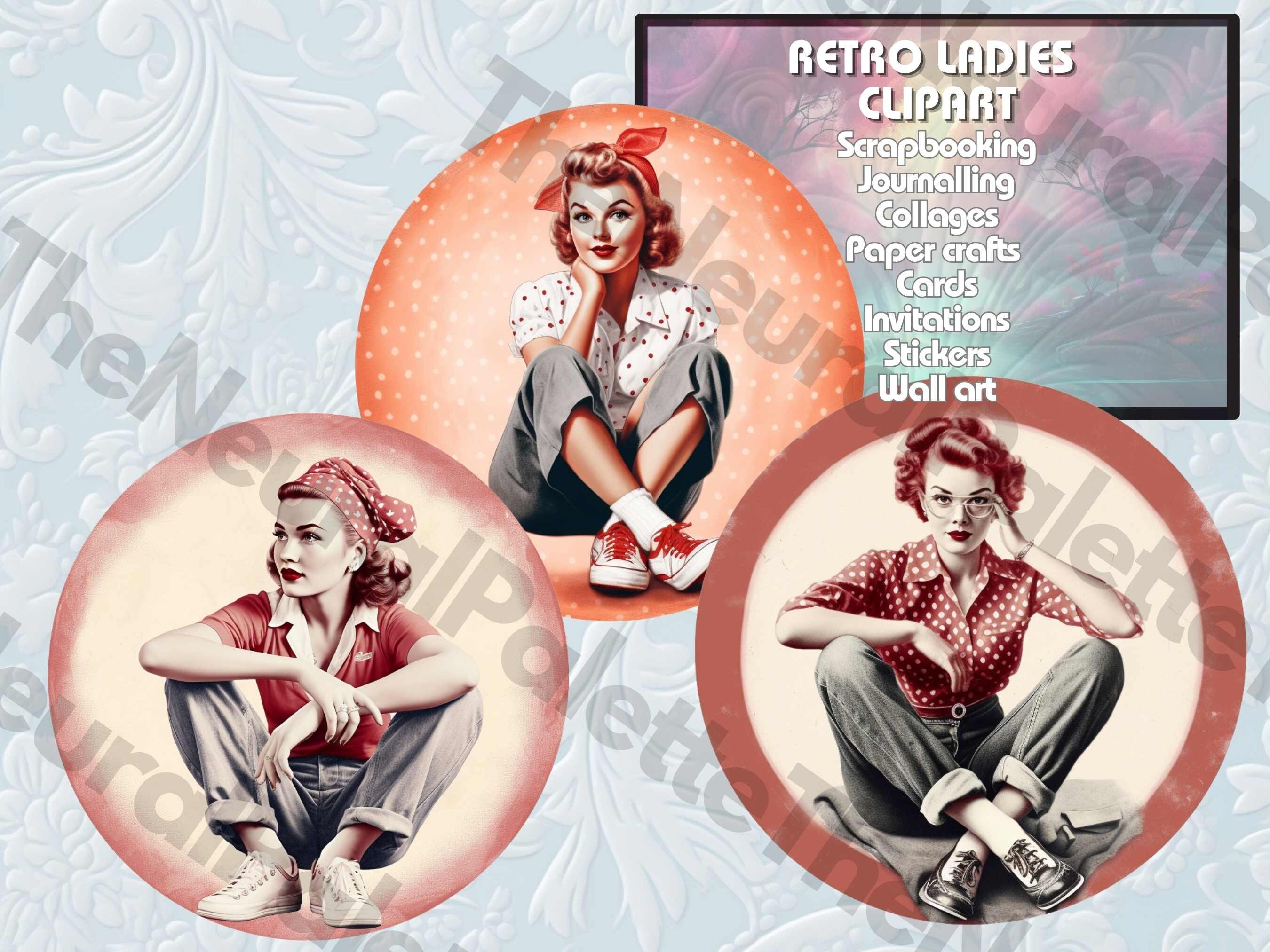 12 Designs, 1950s Clipart Bundle, 1950s Vintage Girl Clipart, Commercial Use, Transparent ...