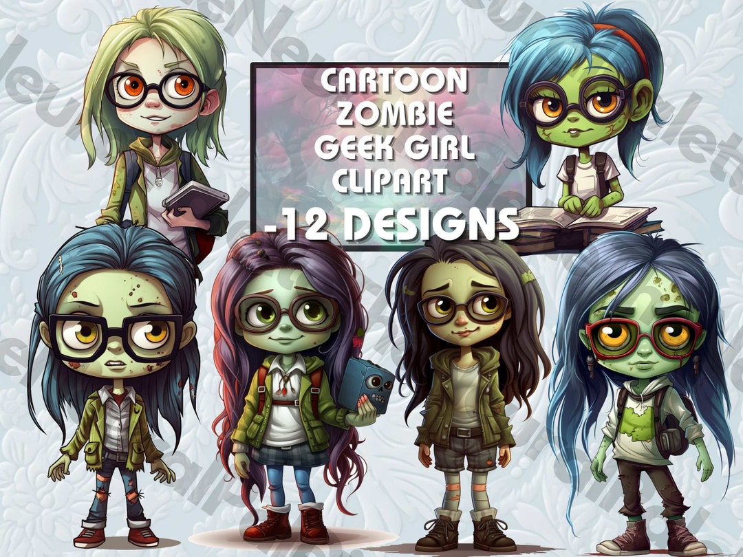 12, Cartoon Geek Zombie Girl Clipart, Instant Download, Transparent ...