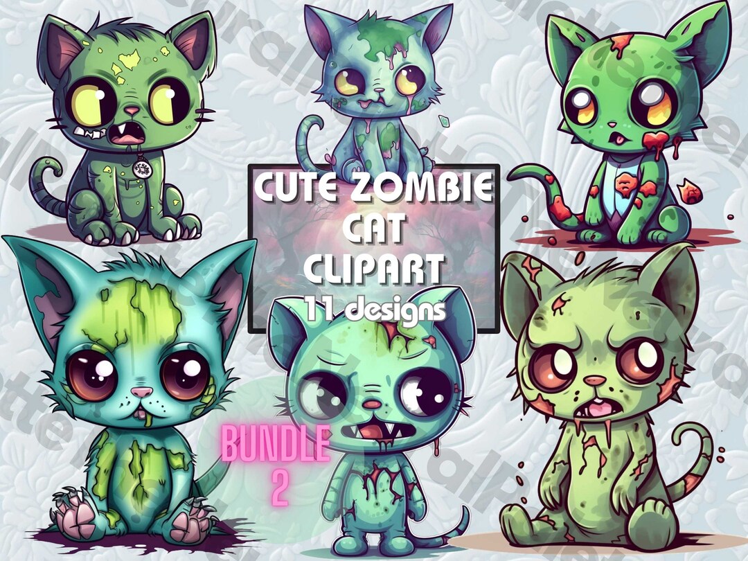 11, Kawaii Zombie Cat Clipart, Digital Download, Cute Undead Feline ...