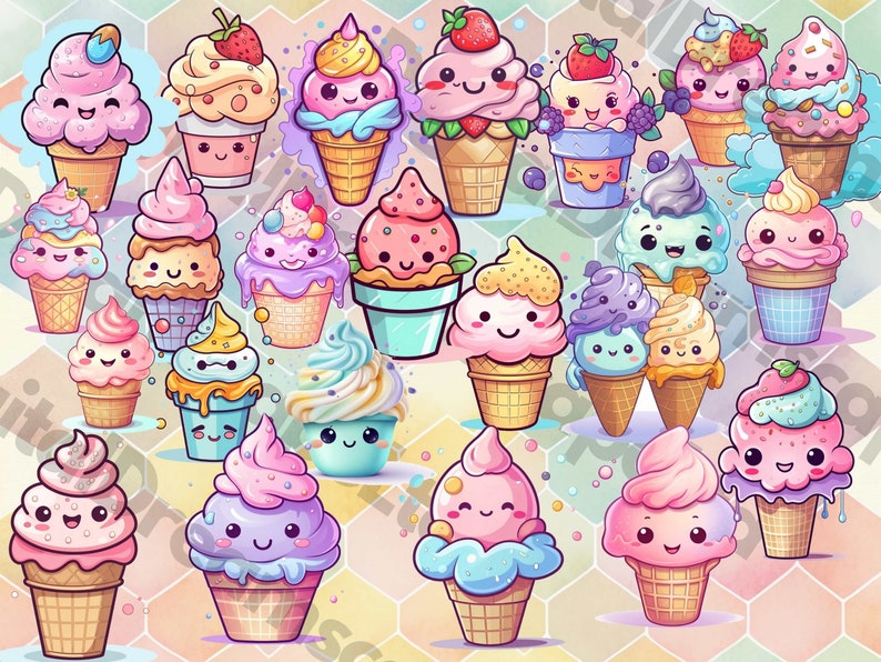 23, Kawaii Ice Cream Clipart, PNG Bundle, Commercial Use, Kawaii Drinks ...