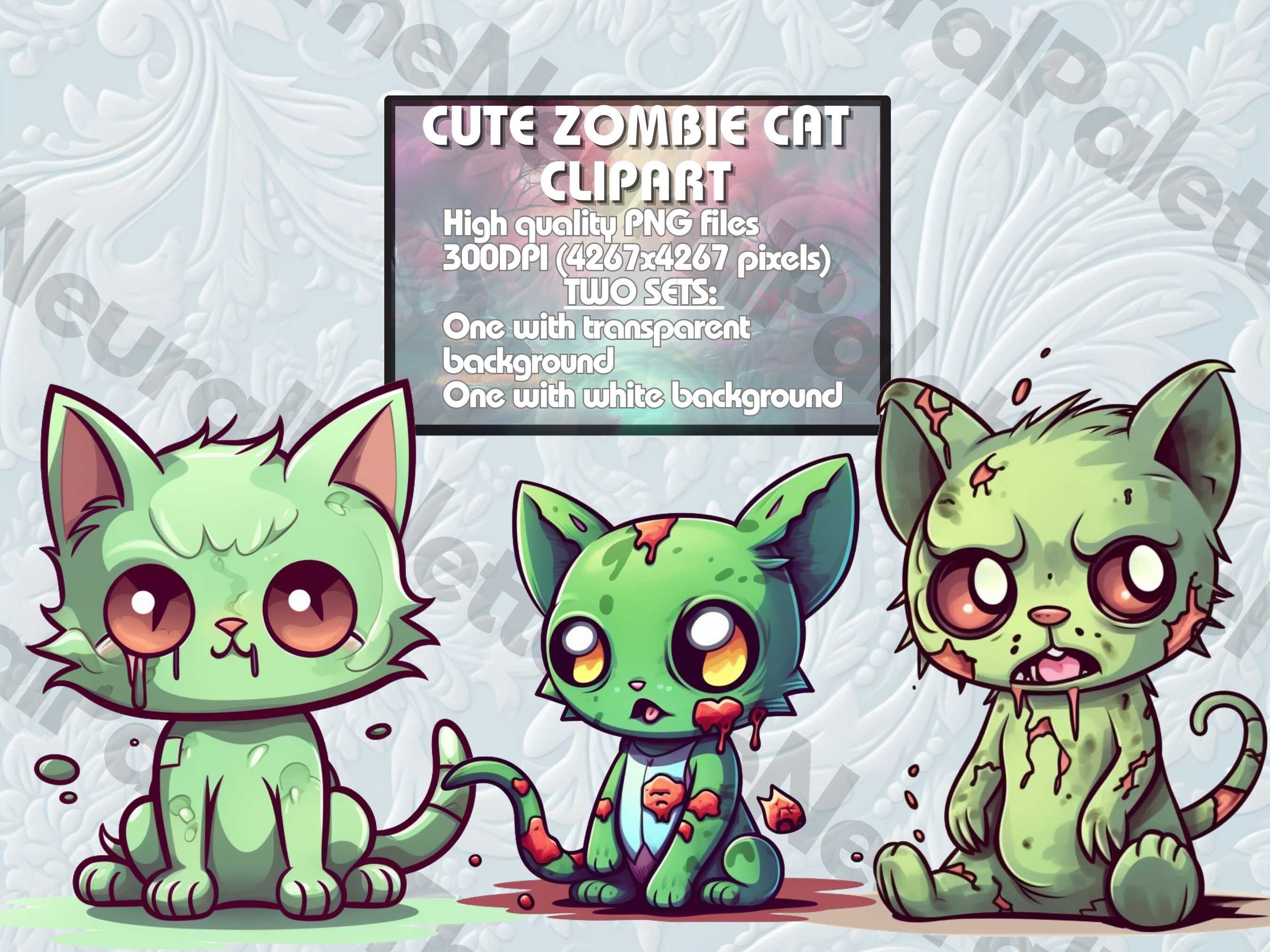 11, Kawaii Zombie Cat Clipart, Digital Download, Cute Undead Feline ...
