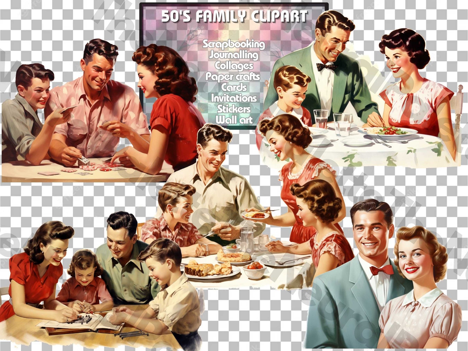 24, 50's Family Clipart Bundle, Retro Clipart, Transparent Background ...