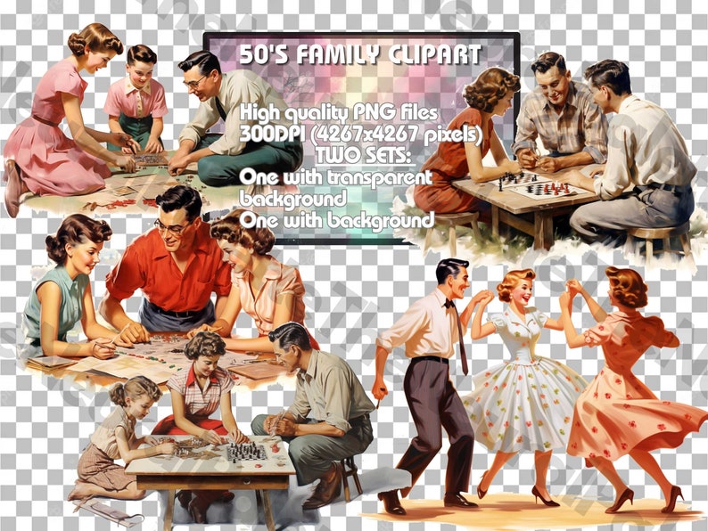 24, 50's Family Clipart Bundle, Retro Clipart, Transparent Background ...