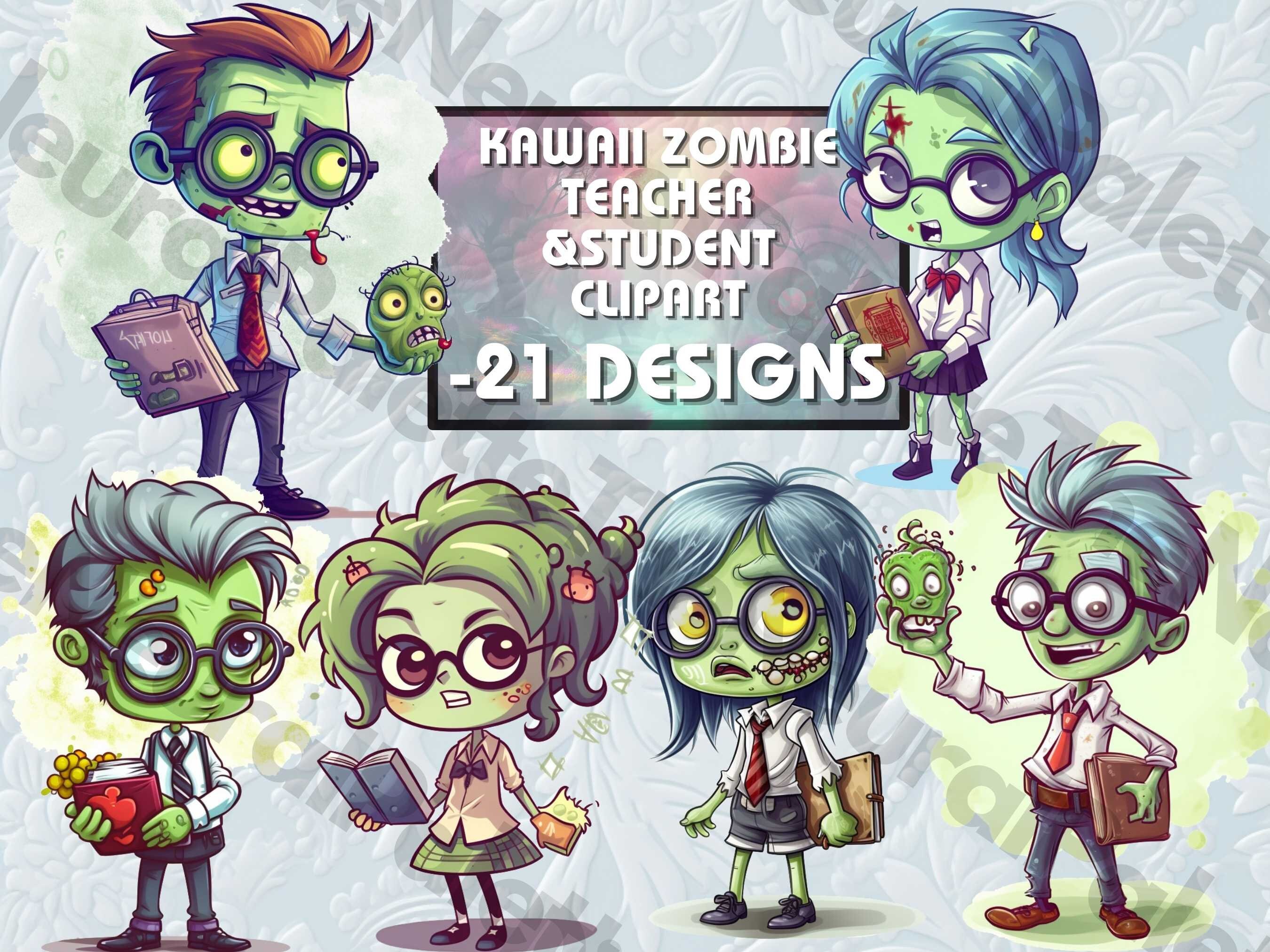21, Kawaii Zombie Teacher Clipart, Zombie Student Clipart, Commercial ...
